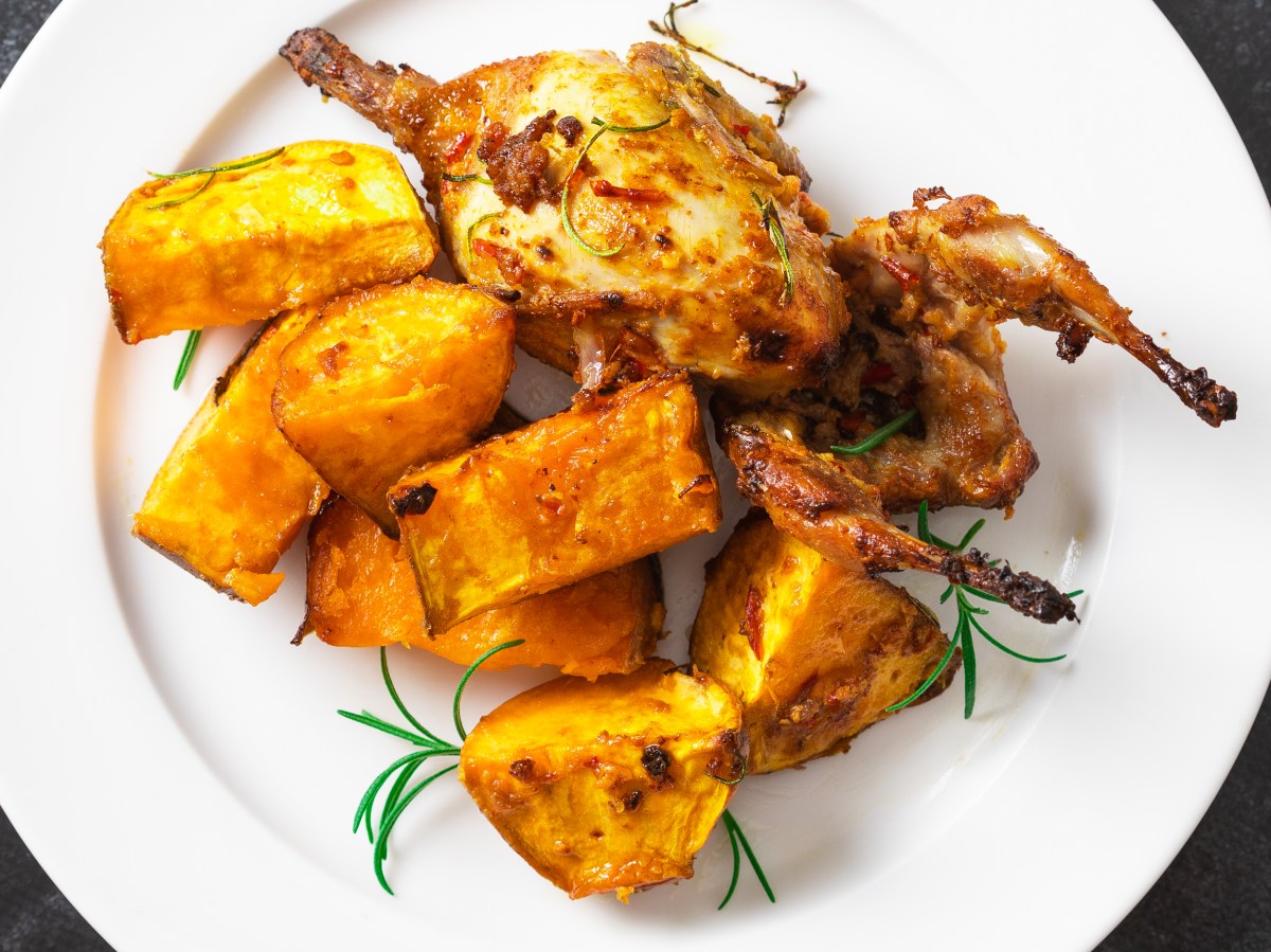 BAKED QUAIL WITH SWEET POTATO IN GREEK YOGURT
